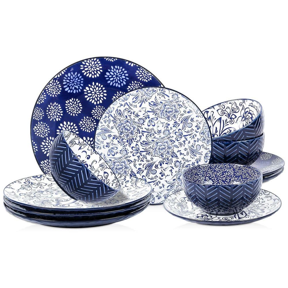 Wudkey 12-Piece Dark Blue Ceramic Dinnerware Set (Service for 4 ...