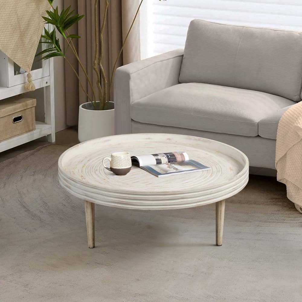 THE URBAN PORT 33 in. Distressed White Round Wood Coffee Table with ...