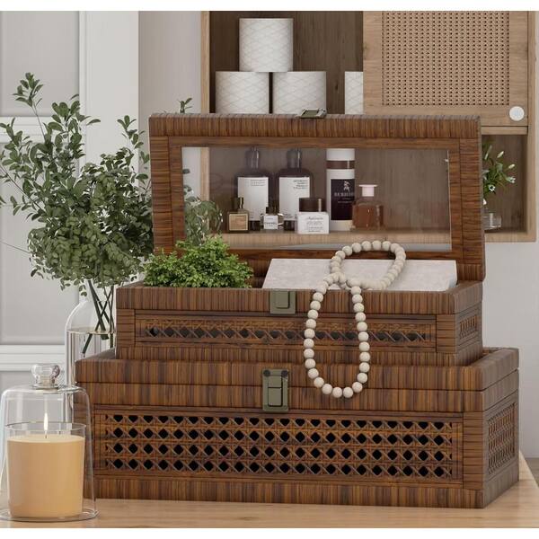 Brown 14.2 in. x 8.3 in. MDF Rattan Decorative Storage Boxes with Lids ...