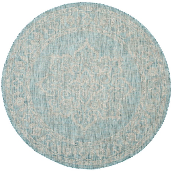 SAFAVIEH Courtyard Aqua/Gray 7 ft. Round Border Ornate Indoor/Outdoor ...