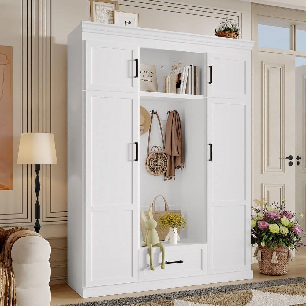Nestfair White Freestanding Hall Tree with Storage Organizer Cabinet ...