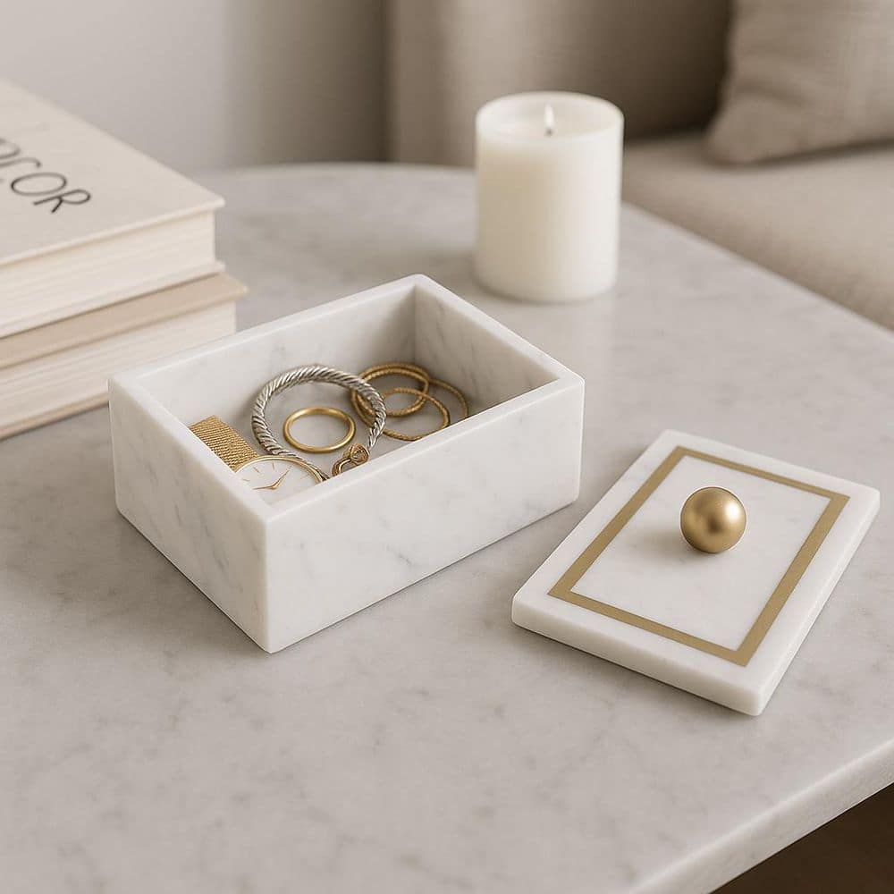 Liv & Skye White 7 in. x 5 in. Marble Rectangular Decorative Box 16407 ...