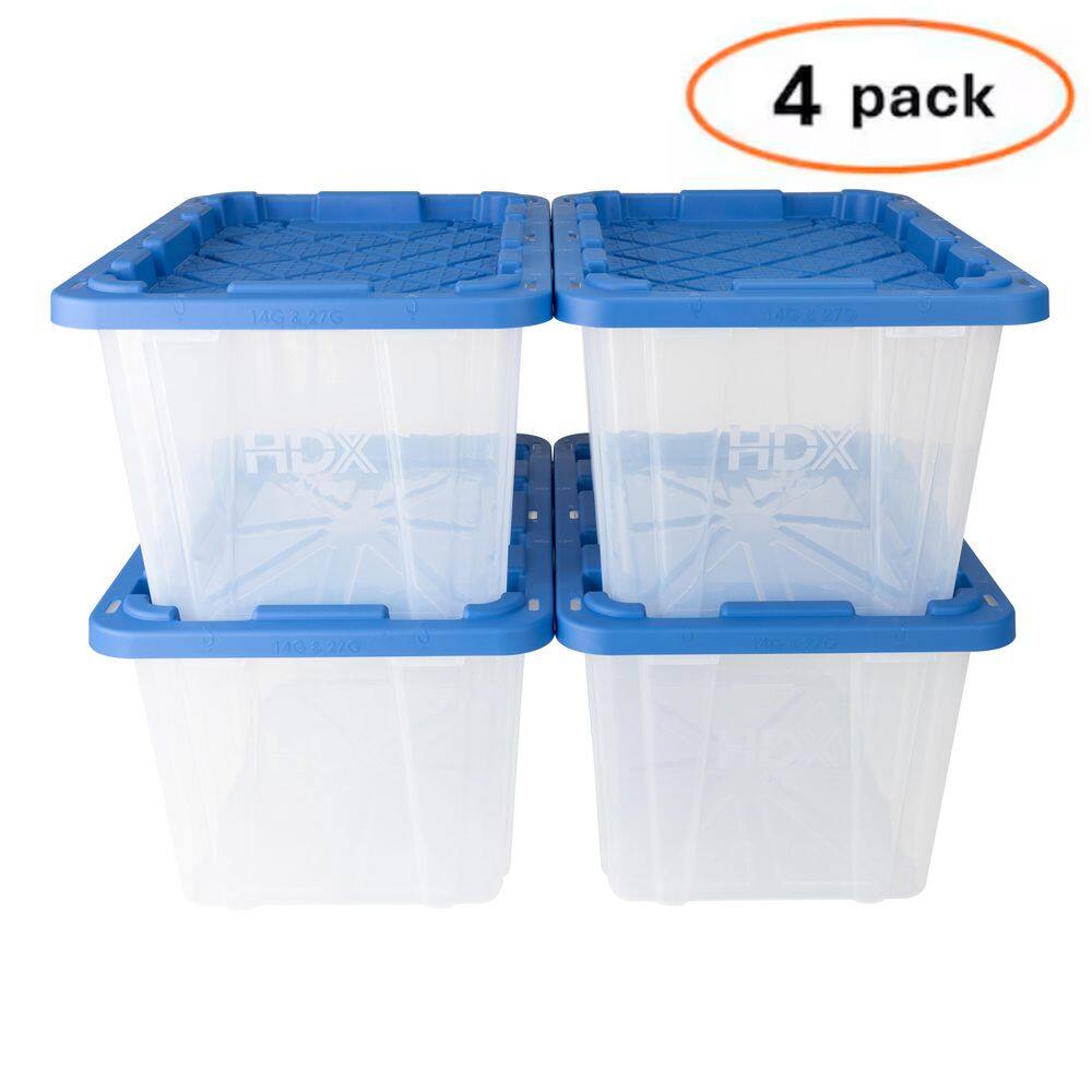 HDX 27 Gal. Tough Storage Tote in Clear with Blue Atoll Lid (4-Pack ...