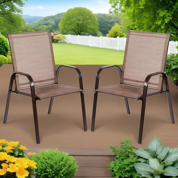 Kadehome Steel Outdoor Dining Chair in Brown Set of 2 Outdoor Stackable ...