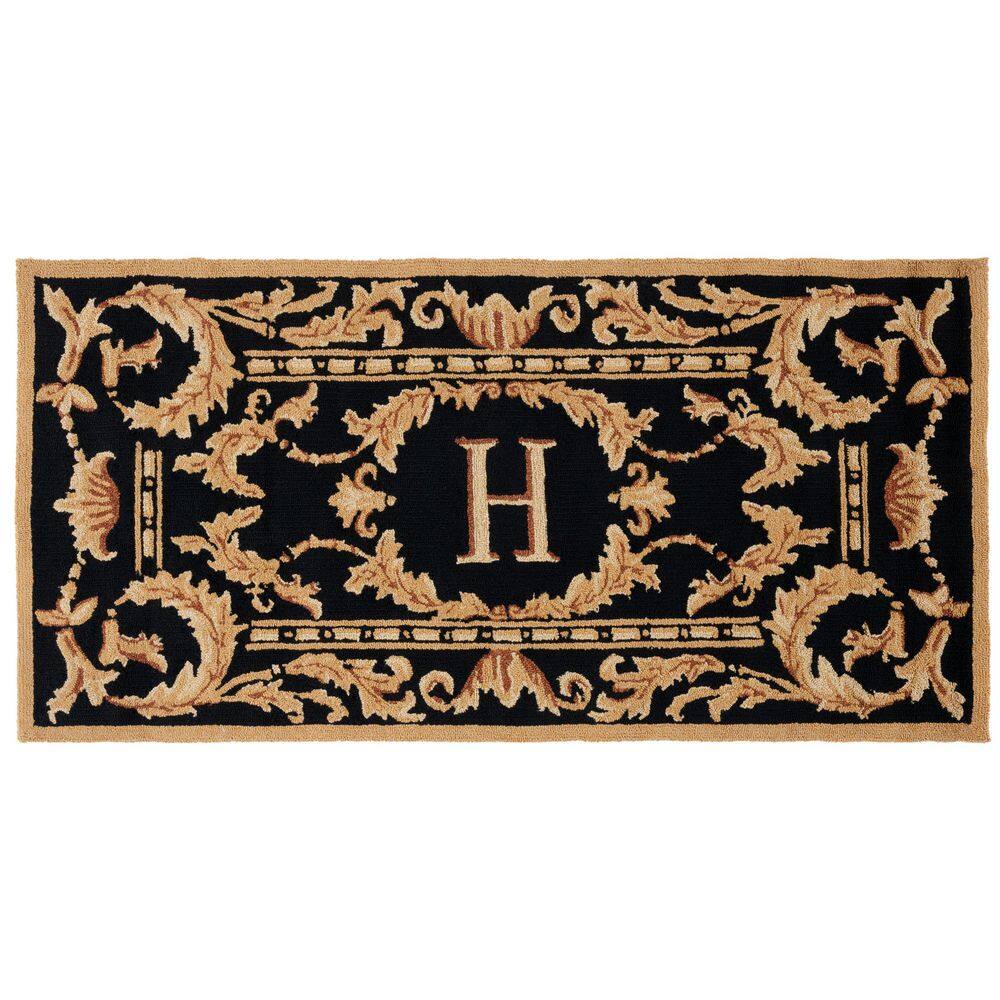 SAFAVIEH Monogram Black 3 ft. x 6 ft. "H" Ornate Leaf Indoor/Outdoor ...