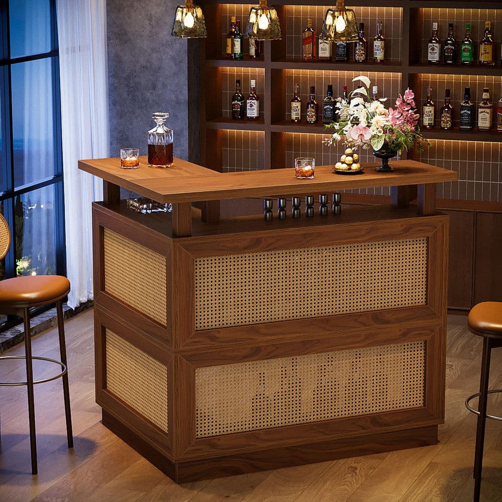 BYBLIGHT Kearsten Brown L-Shaped 43.3 in. W Home Bar Unit, Rattan ...