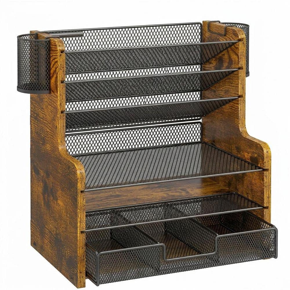 Brown 13.58 in. x 15.04 in. 6-Tier Mesh Desk Organizers with Drawer ...