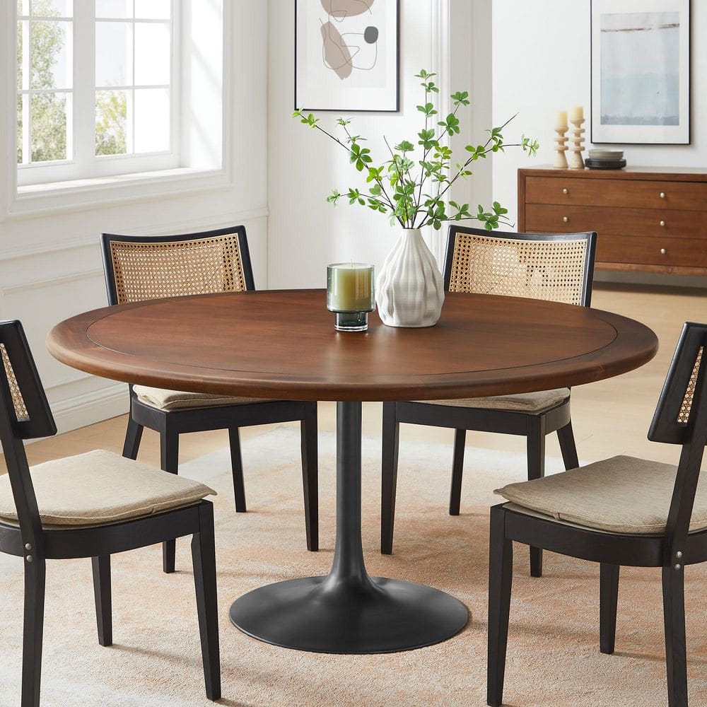MODWAY Lippa Round Black Walnut Solid Mango Wood 60 in. Pedestal Base ...