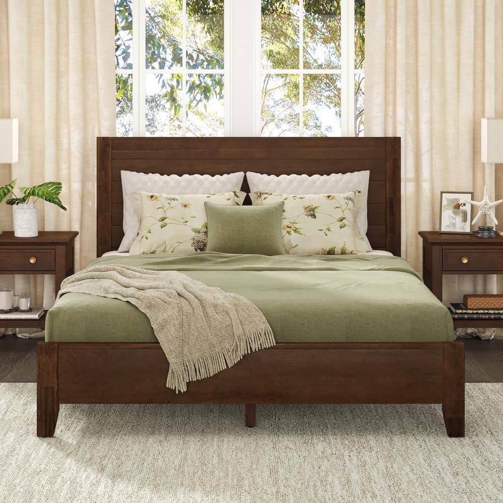 Lessio Dark Brown Mid Century 13.7 in. Solid Wood Frame Queen Platform Bed with Wooden Slats Headboard Easy Assembly