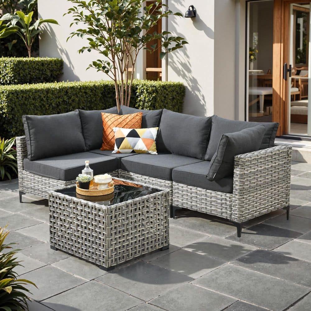 Caodoc Coralia Gray 5-Piece Wicker Outdoor Sectional Set with Black ...
