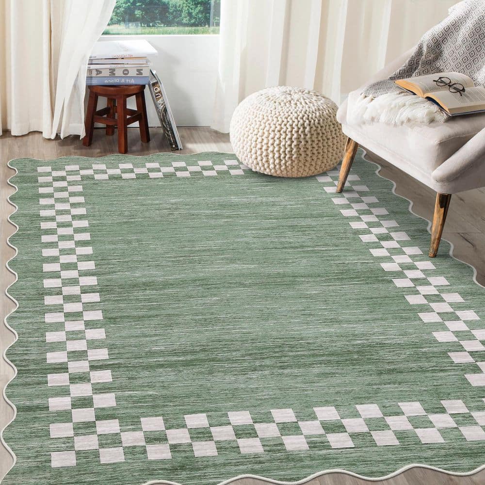 Pea Green 6 ft. x 9 ft. Non-Slip Block Print Rug Machine Washable Ultra ...