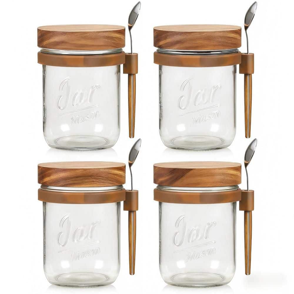 Wudkey 16 oz. Leakproof Glass Food Jar Set with Acacia Wood Lid, Spoon ...