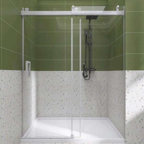 72 in. W x 76 in. H Sliding Frameless Single Shower Door in Brushed ...