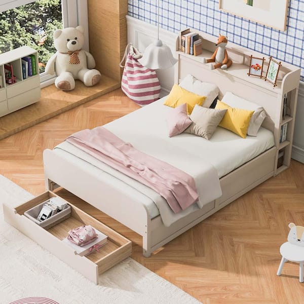 wetiny Cream White Wood Frame King Size Platform Bed with Storage Headboard and a Big Drawer GX000370AAA N709