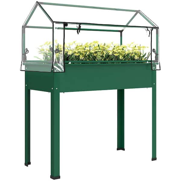 Outsunny 39.4 in. Green Metal Raised Garden Bed with Greenhouse Cover ...