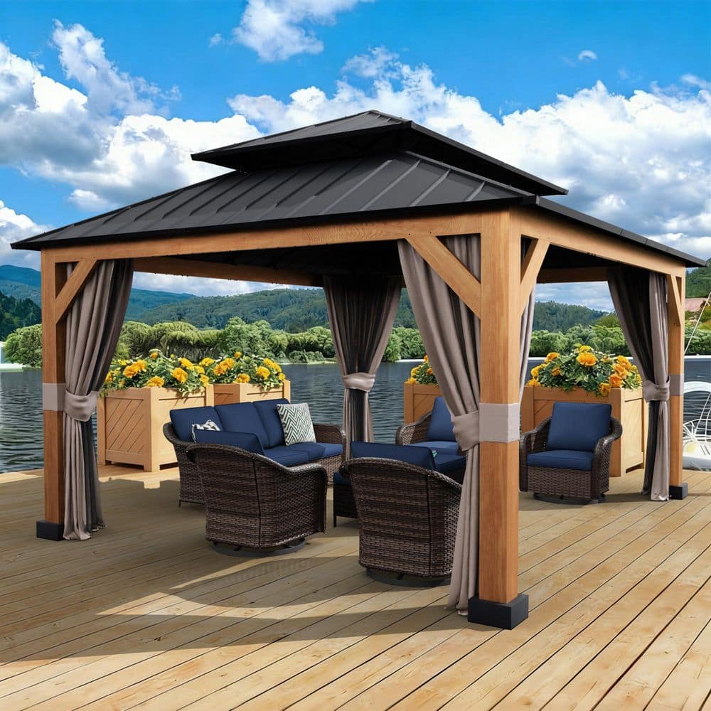 JOYSIDE 15ft. x13ft. Premium Wood Grain Aluminum Hardtop Gazebo w/ 5 ...