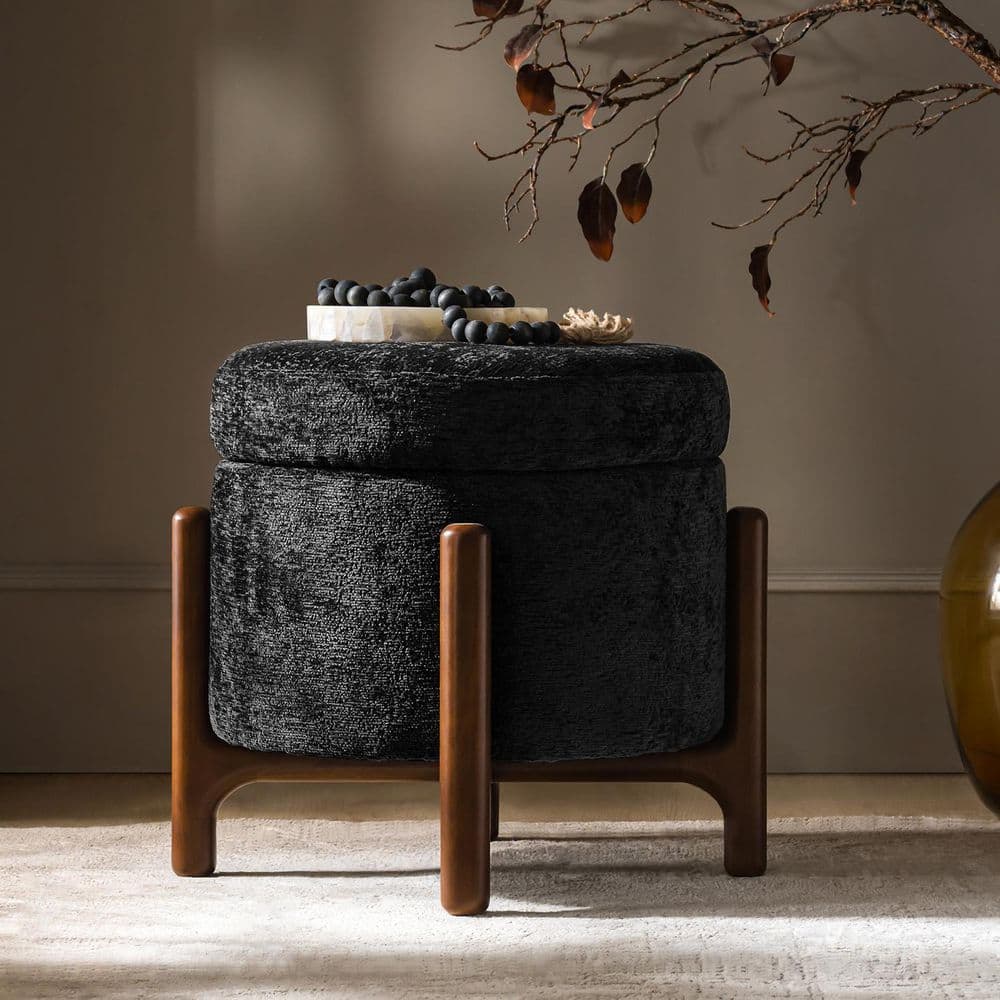 JAYDEN CREATION Sonder Black Chenille Round Ottoman with Solid Wood ...