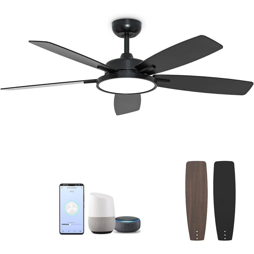 QRMOK T5 52 in. Smart Indoor Black Ceiling Fan with Dimmable LED Light ...