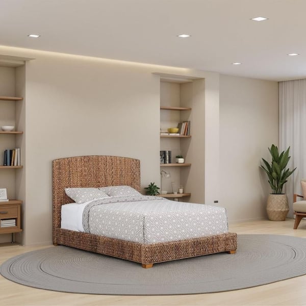 Benjara Hand Woven Brown Wood Frame King Size Panel Bed with Hand Woven ...