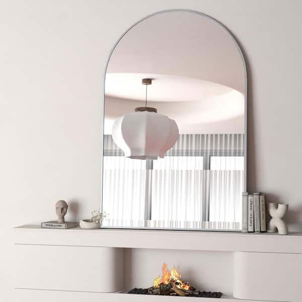 24 in W x 32 in. H Arched Wall Mirror, Bathroom Vanity Mirror, Silver ...