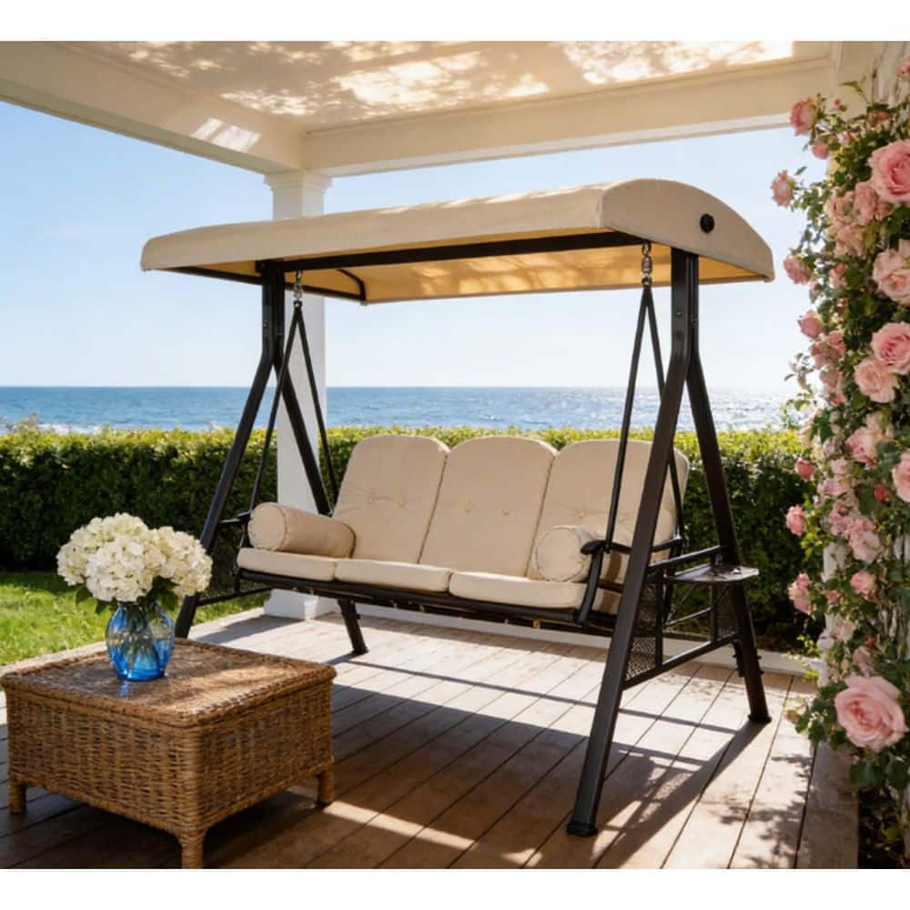 Beige Steel 3-Seat Outdoor Patio Swing Chair With Beige Cushions for ...