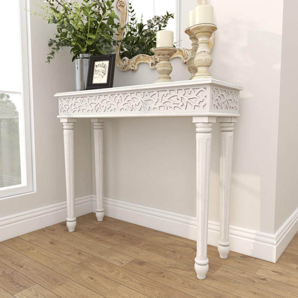 Litton Lane 36 in. White Extra Large Rectangle Wood Intricately Carved ...