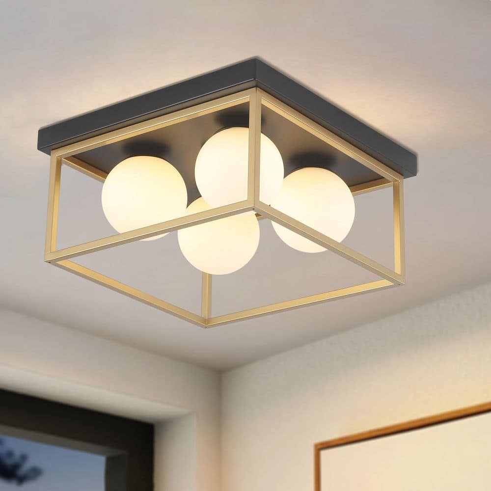 ETONIMERR Modern 11.81 in. 4-Light Gold Flush Mount Light with White ...