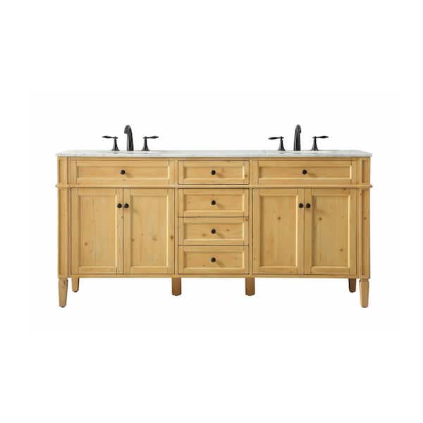 Timeless Home 72 in. Double Sink Natural Wood Bath Vanity with Carrara ...