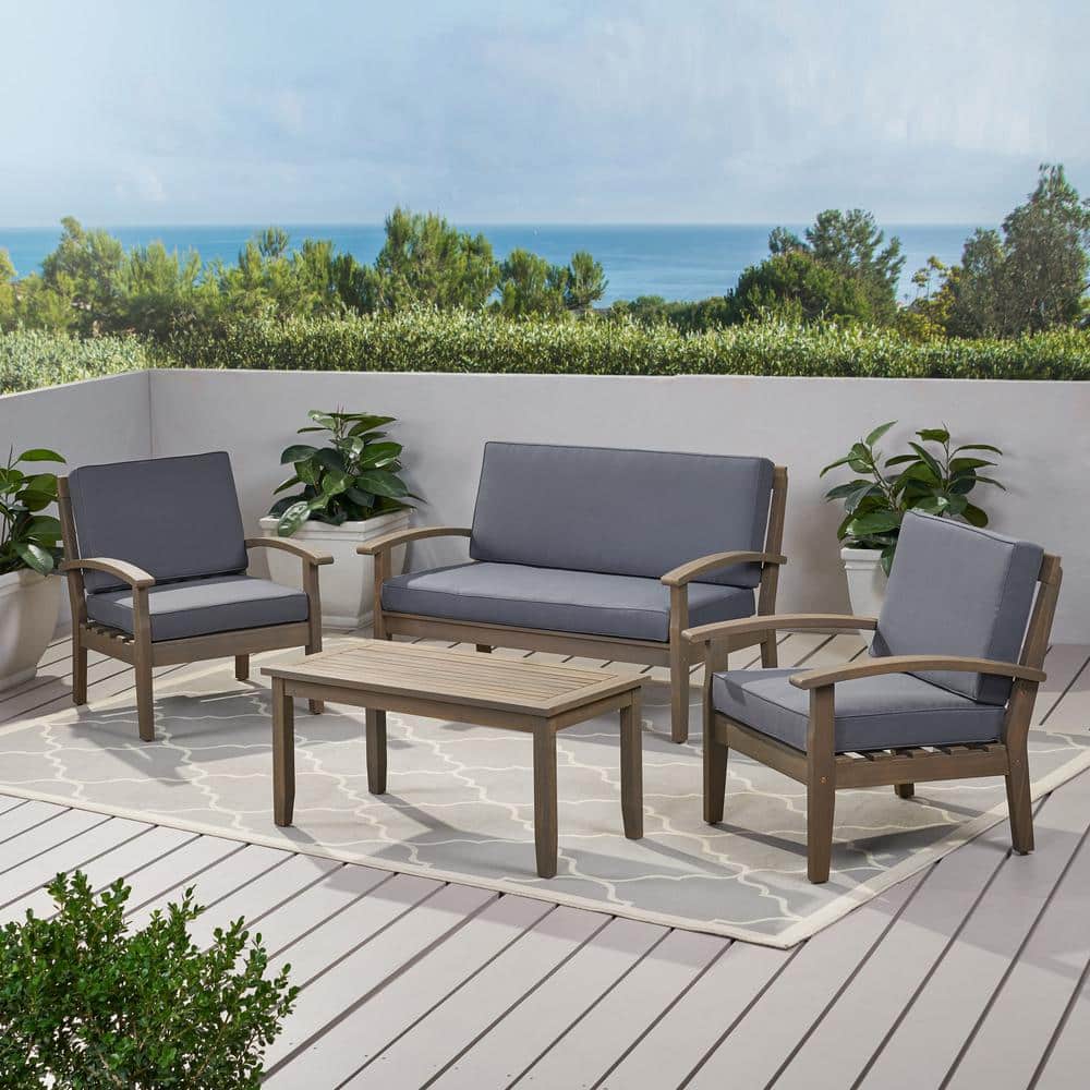 Noble House Peyton Gray 4-Piece Wood Outdoor Patio Conversation Set ...