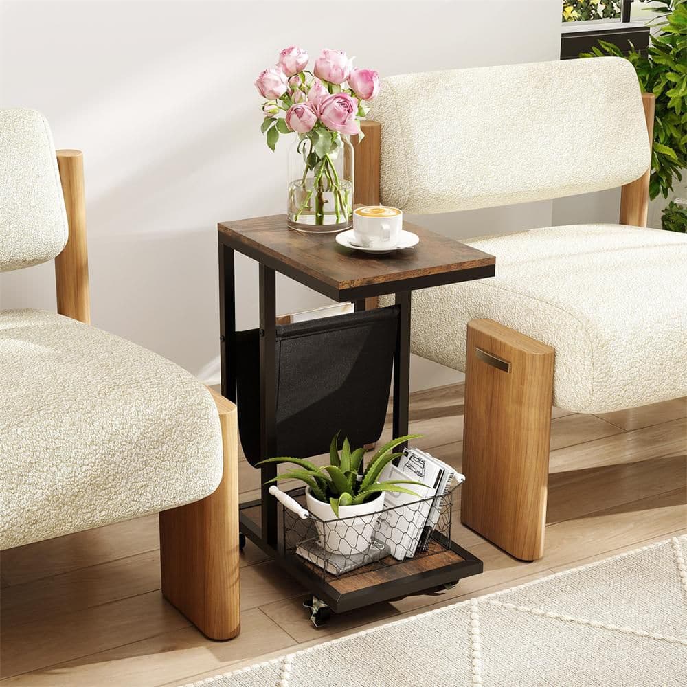 HONEY JOY 2-Tier 16 in. Rustic Brown Side Table Rectangle C-Shaped Metal End Table with Storage ...