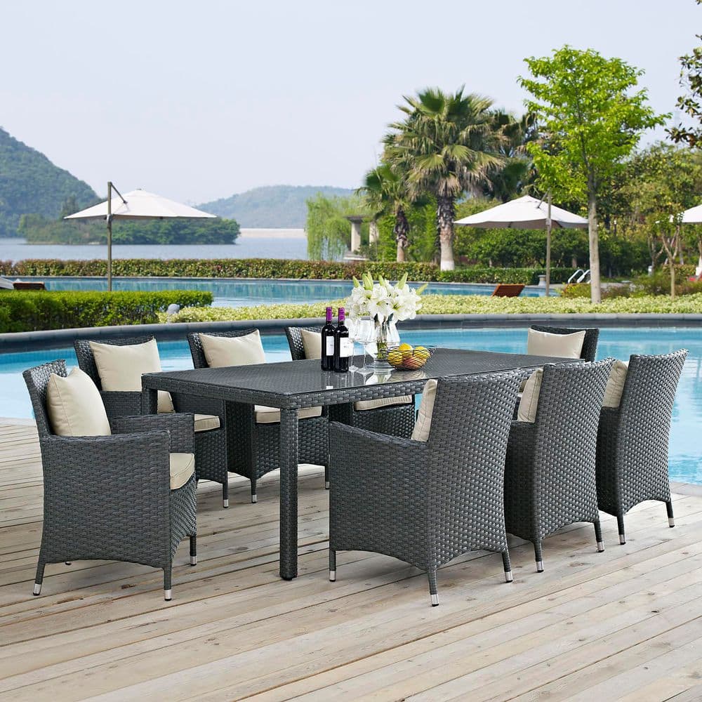 MODWAY Sojourn 7-Piece Wicker Rattan Rectangular Patio Outdoor Dining ...