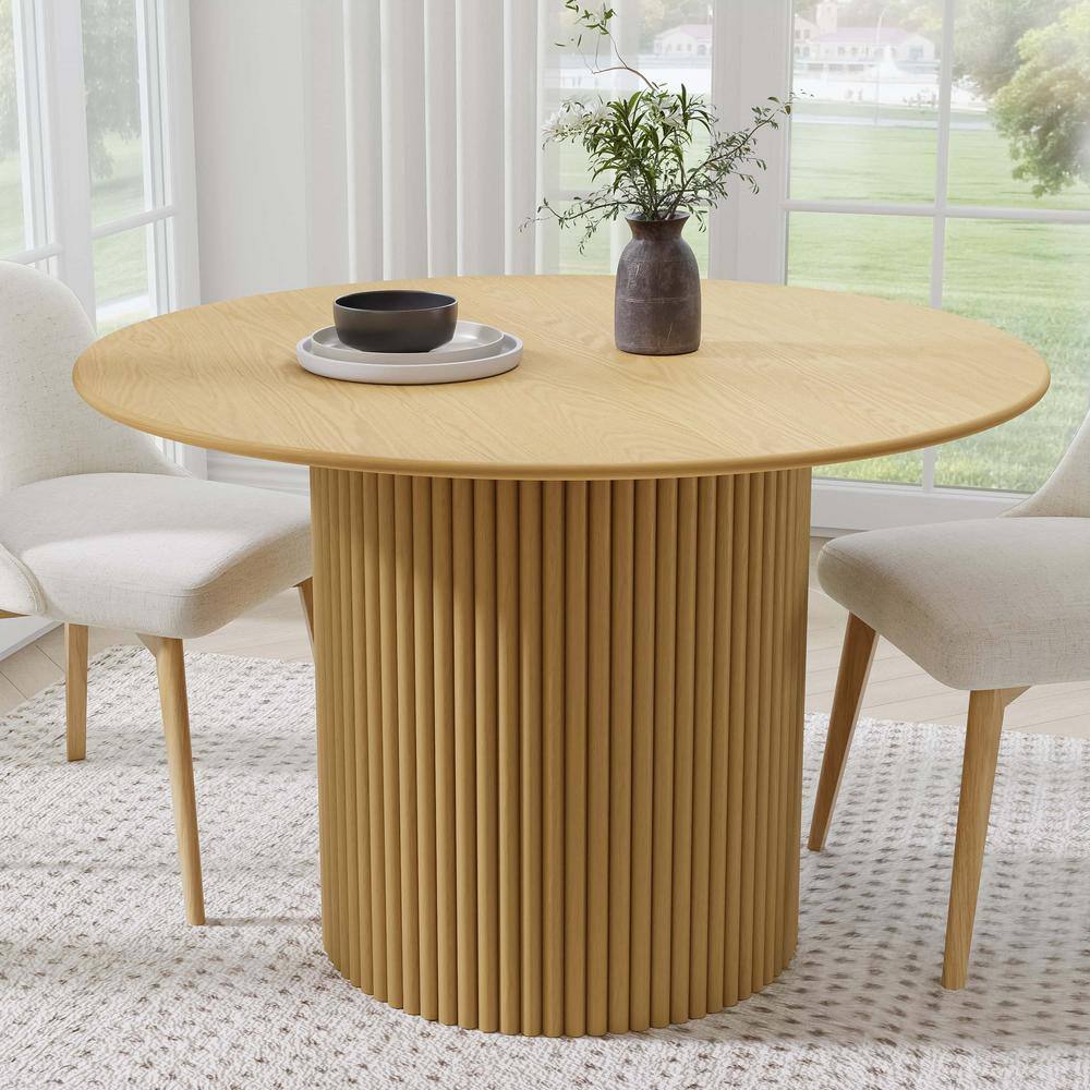Lirago Round Oak Wood 46 in. Column Base Dining Table Seats 4 HD ...