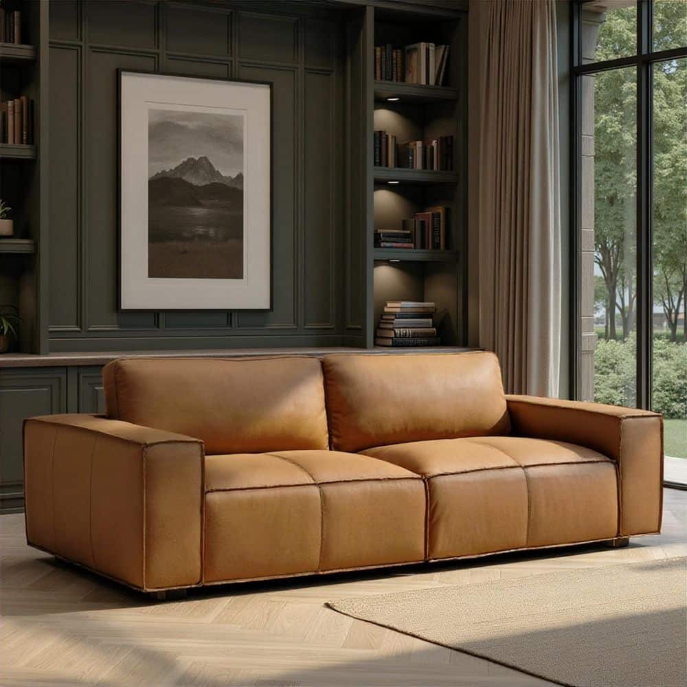 Armen Living Clayton Modern 93 in. Track Arm Top Grain Genuine Leather ...