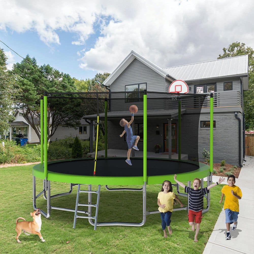 15 ft. Outdoor Kids Trampoline with Enclosure Net, Basketball Hoop and ...
