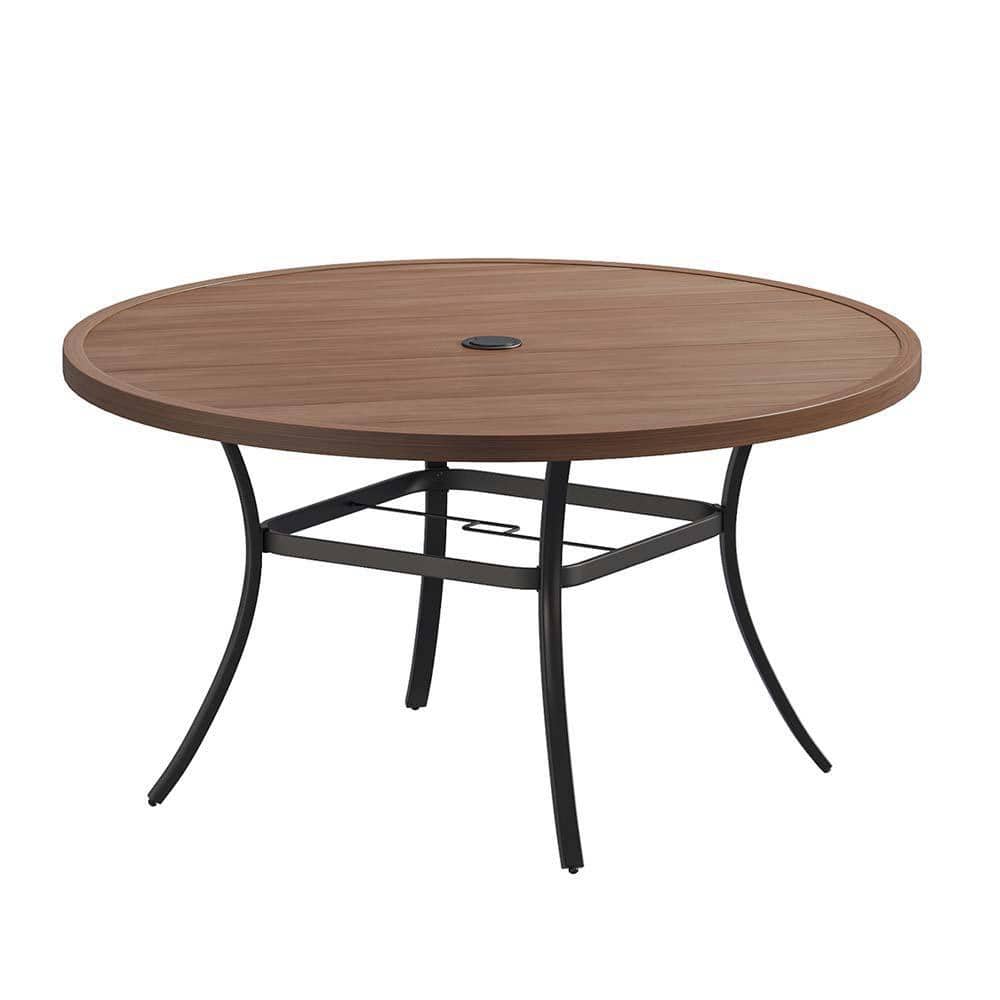 Sudzendf 53 in. W Walnut Round Metal Outdoor Dining Table with Umbrella ...