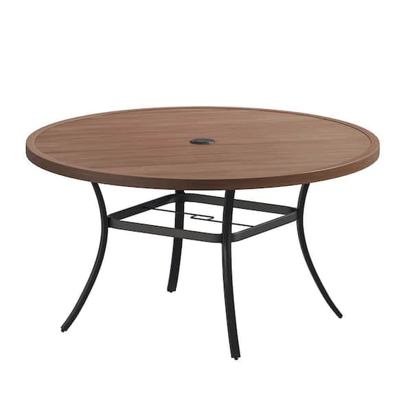Sudzendf 53 in. W Walnut Round Metal Outdoor Dining Table with Umbrella ...