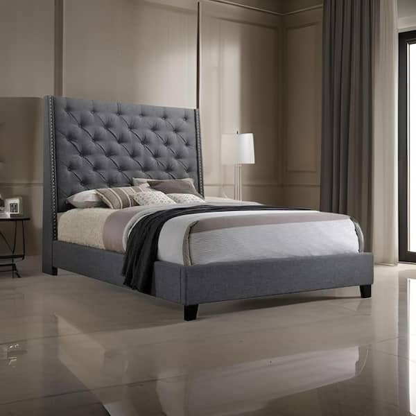 Benjara Maze Gray Wood Frame King Size Platform Bed with Button Tufted ...