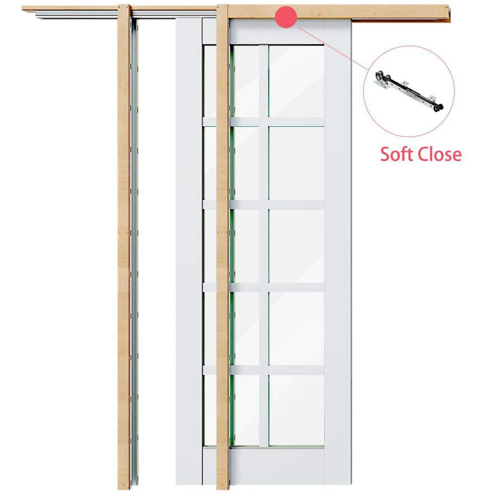 TENONER 32 in. x 80 in. White Primed Solid Wood, 10 Lite Mirrored Glass ...