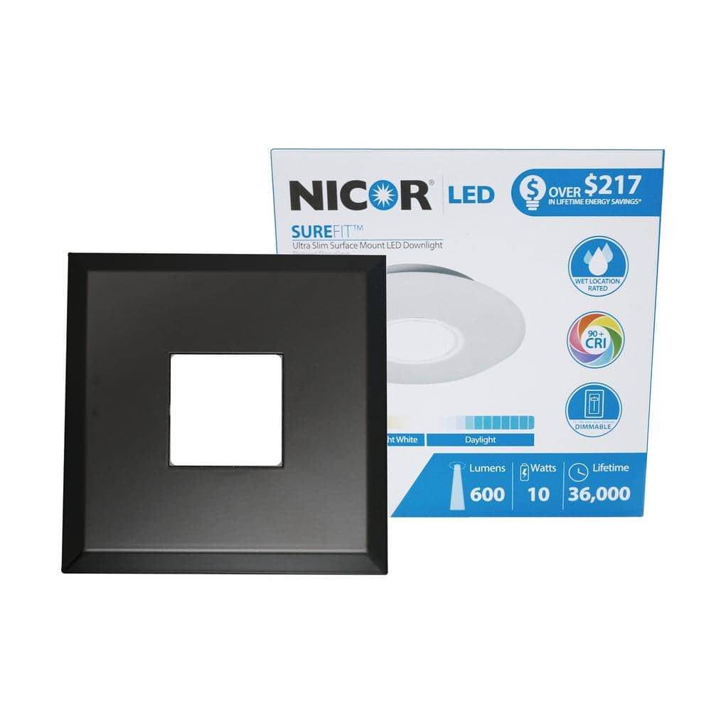 NICOR SureFit 9.6-Watt Square Black Integrated LED Flush Mount with ...
