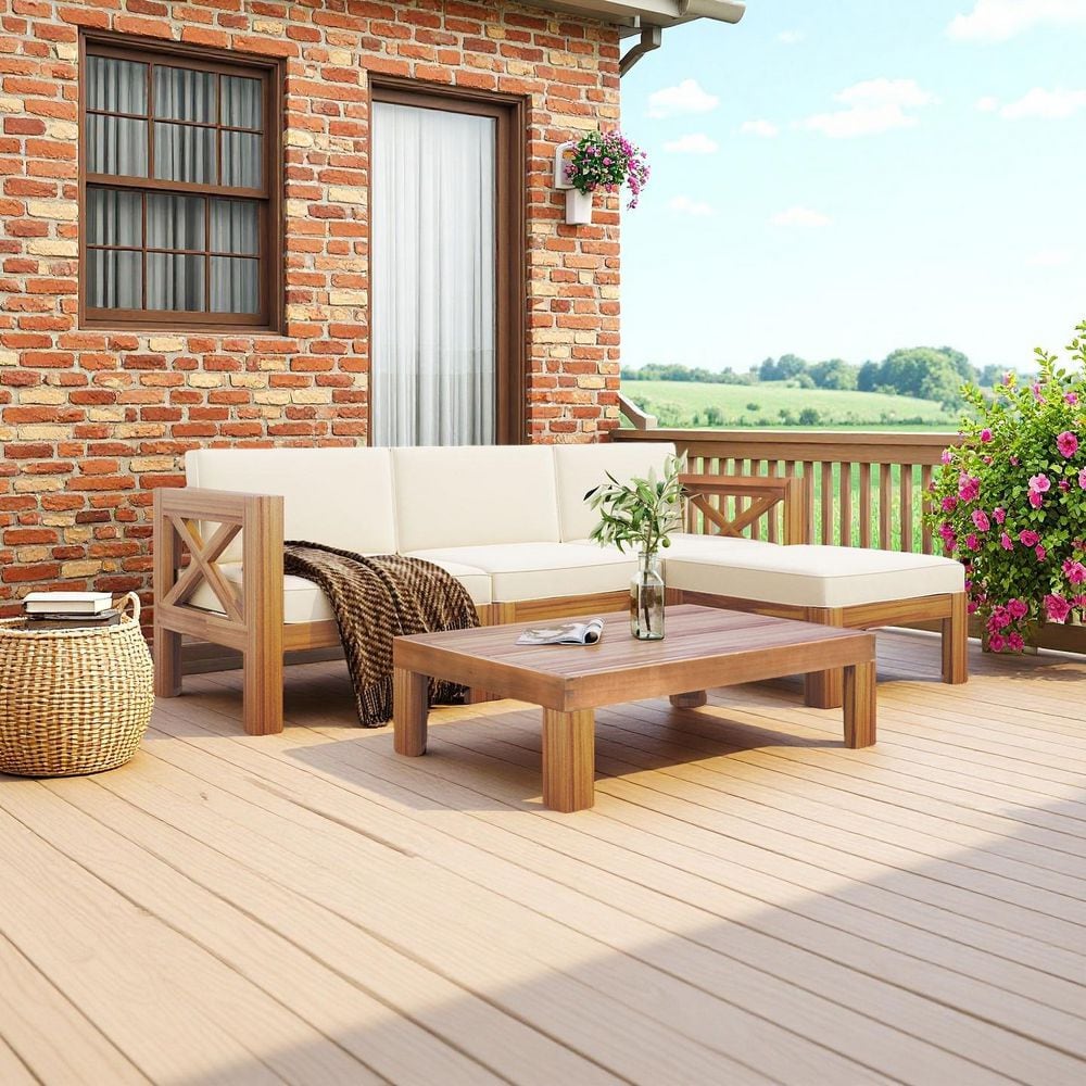 5-Piece Wood Outdoor Sectional Set, Modular Patio Sofa Seating Set with ...
