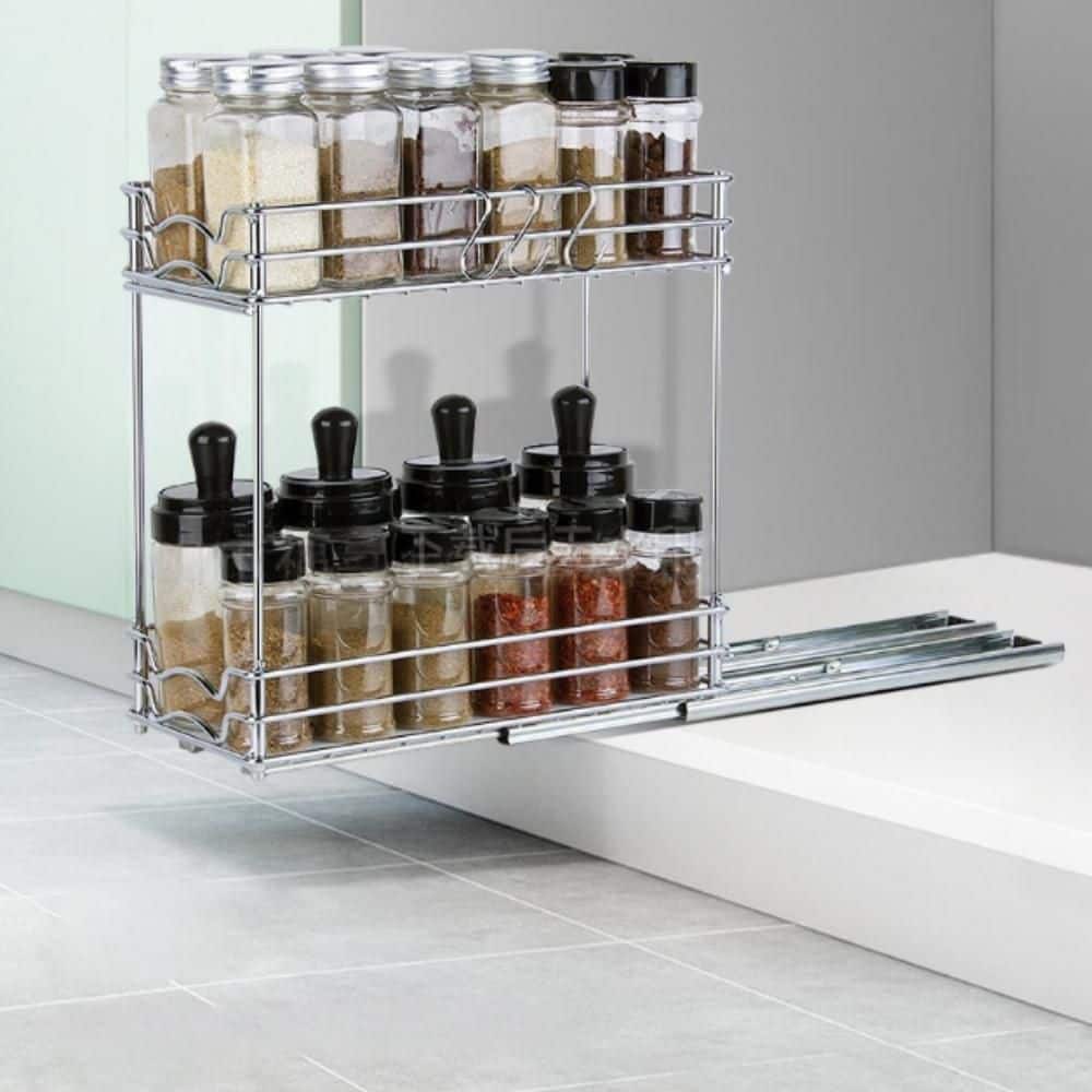 PRIMEPLUS 5-1/5 in. Wide 2-Tier Chrome Vertical Spice Rack Pull Out Cabinet Organizer YS-PSR-SV ...