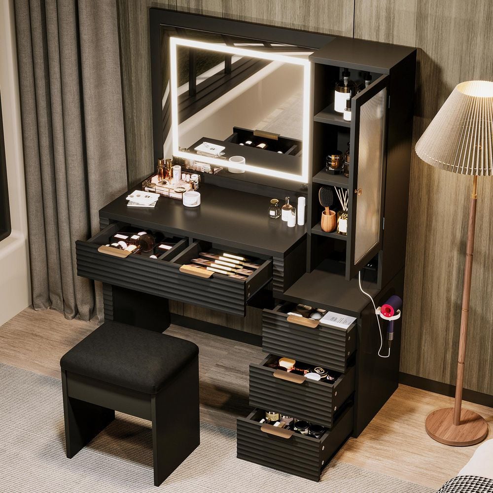 Harper & Bright Designs Black Makeup Vanity Set with Storage PU Stool ...