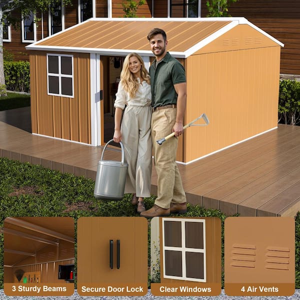 Tenleaf 12 ft. W x 10 ft. D Brown Metal Shed with Windows, Lockable ...