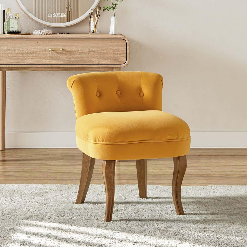 JAYDEN CREATION Nila Mustard Vanity Velvet Upholstered Stool with Solid ...