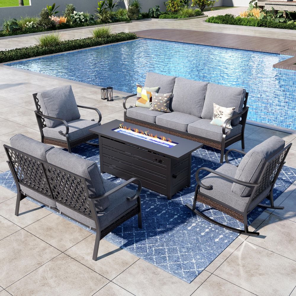 PHI VILLA 5-Piece Black Metal 7-Seats Fire Pit Patio Sets with Rocking ...