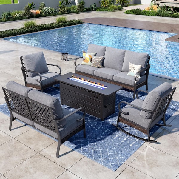 PHI VILLA 5-Piece Black Metal 7-Seats Fire Pit Patio Sets with Rocking ...