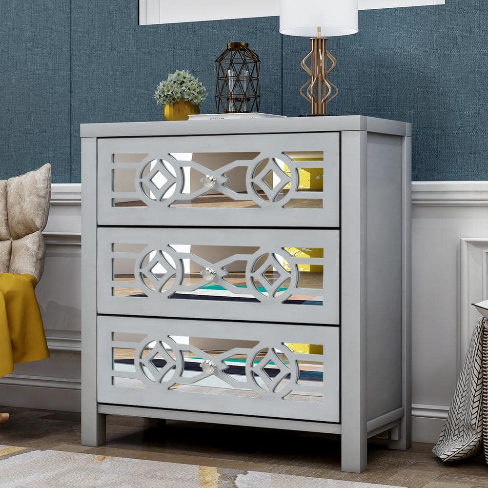 GODEER Silver Wooden Storage Cabinet with 3 Drawers and Decorative ...