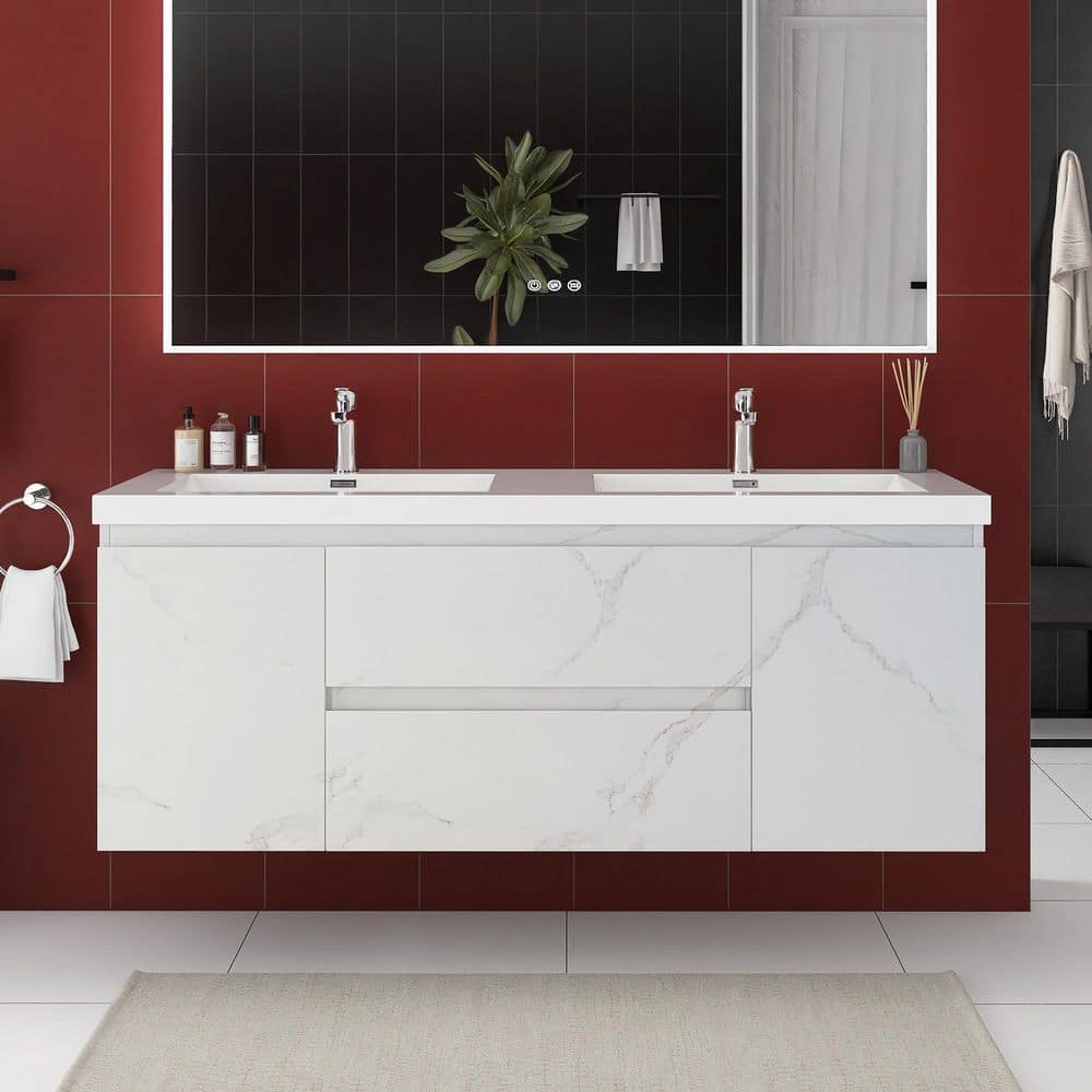 JimsMaison 60 in. Double Sink Wall-Mounted Cararra Bathroom Vanity with ...