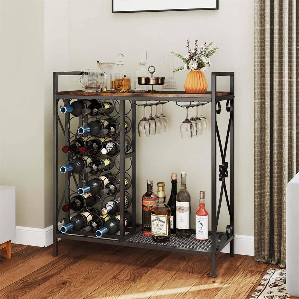 Costway 21-Bottle Rustic Brown Wine Rack Freestanding Floor Wine Bottle ...