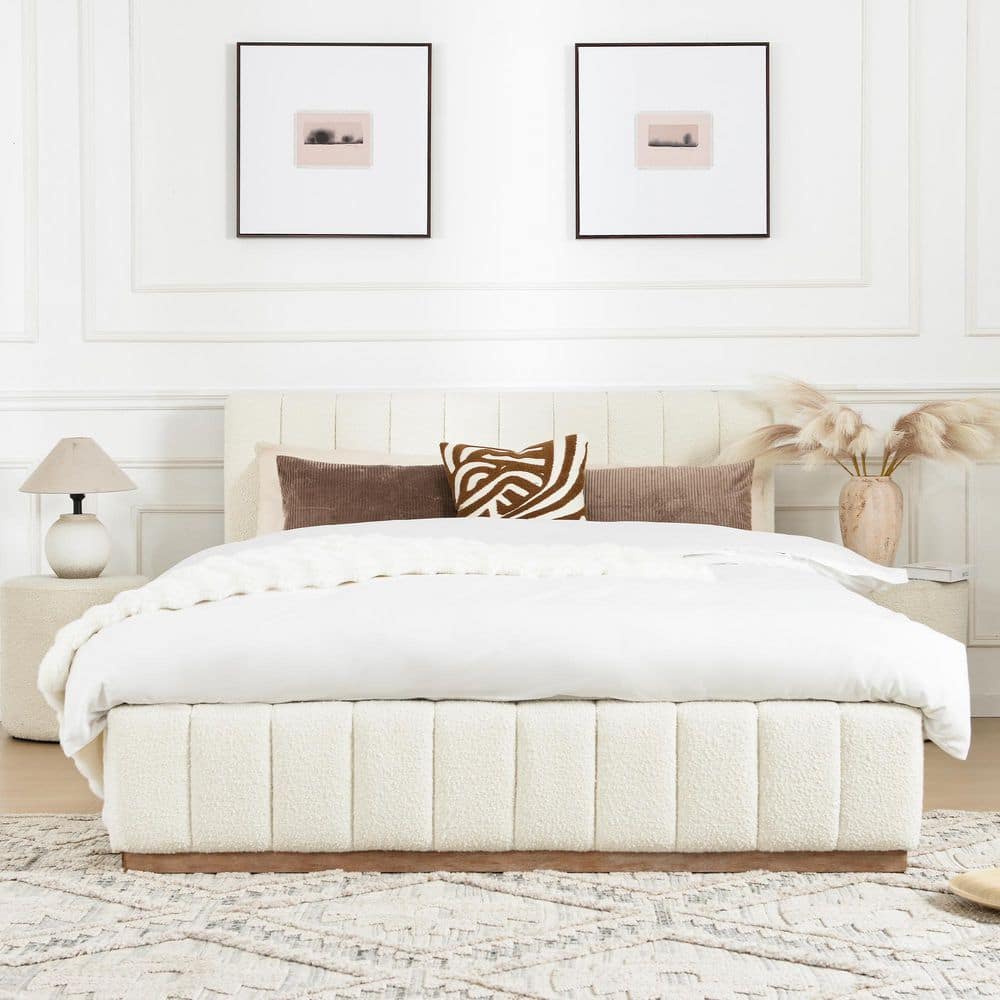 KINWELL Beige Solid Wood Frame Queen Size Platform Bed with Upholstered ...
